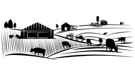 Set of silhouette scenes from farm life with cow Vector Image