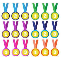 Brightly colored gold medal award set Royalty Free Vector