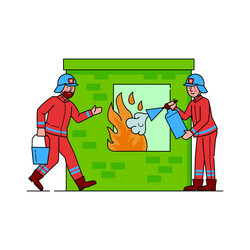 Firefighters extinguishing flame through window Vector Image