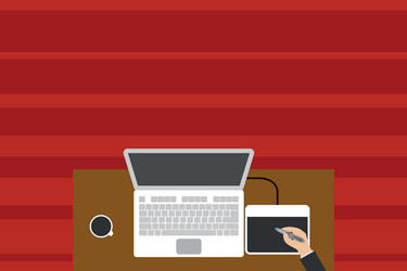 Upper view laptop wooden desk person drawing Vector Image