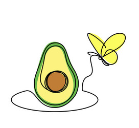 Drawing line color avocado with butterfly Vector Image