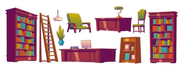 Library interior cartoon set Royalty Free Vector Image