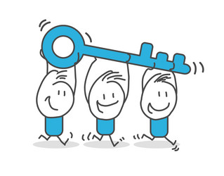 Stick figures business people working with big key