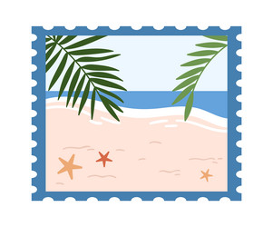 Beach and airplane postage stamp Royalty Free Vector Image