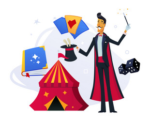Cartoon magician on circus stage Royalty Free Vector Image