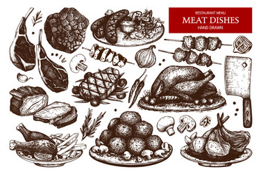Raw meat set drawing hand drawn beef steak Vector Image
