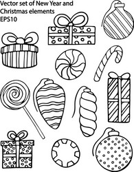 Hand drawn outline set new year Royalty Free Vector Image