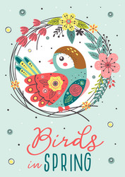 Spring card with beautiful bird in floral frame Vector Image