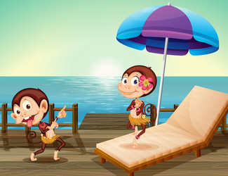 Two monkeys dancing at the wooden bridge Vector Image