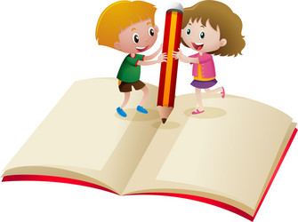 Cartoon pencil man writing in book Royalty Free Vector Image