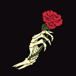 Skeleton hand holding a red rose in black Vector Image