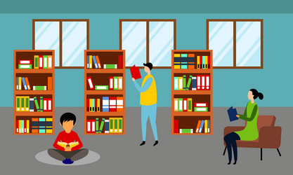 Library books and people reading book Royalty Free Vector