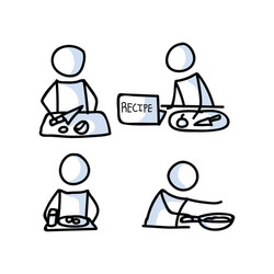 Cute stick figure chef cooking recipe on laptop Vector Image
