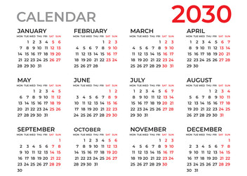 Calendar 2030 template- wall year Royalty Free Vector Image