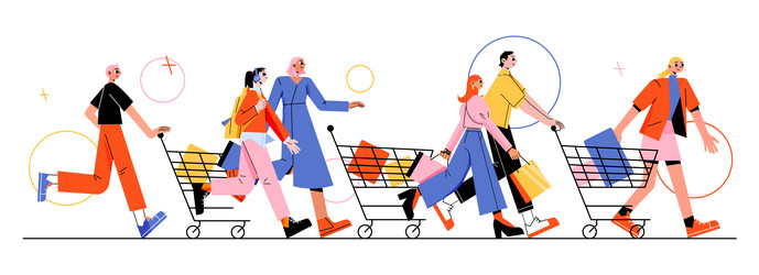 People with shopping cart and bags run to store Vector Image