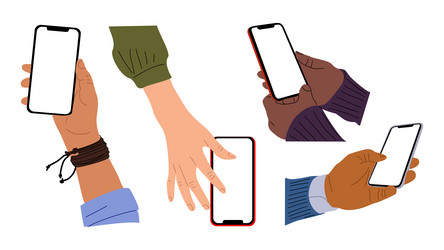 Different hands holding mobile phones set Vector Image