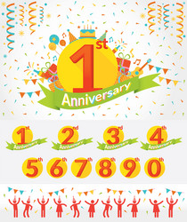 One year anniversary with colorful confetti Vector Image