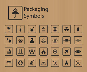 Packaging sign symbols set on cardboard background