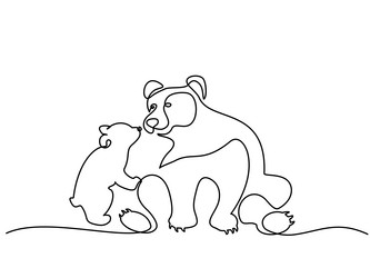 Continuous one line drawing bear with baby cub Vector Image