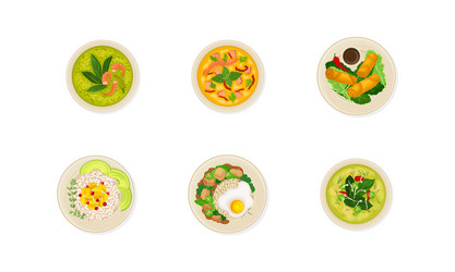 Thai main course with rice and shrimps top view Vector Image