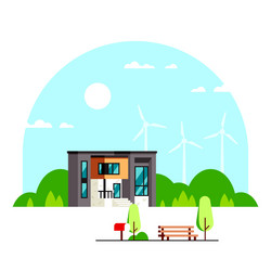 Cartoon house exterior with blue clouded sky front