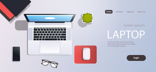 Workplace desk laptop computer top angle view cell