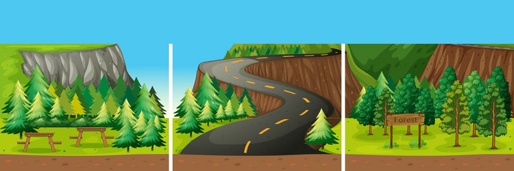 Cartoon of forest scene with dirt road Royalty Free Vector