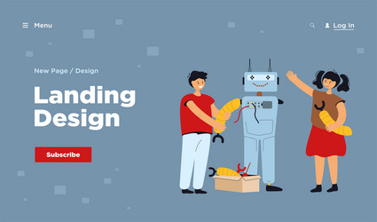 Happy children making robot for school project Vector Image