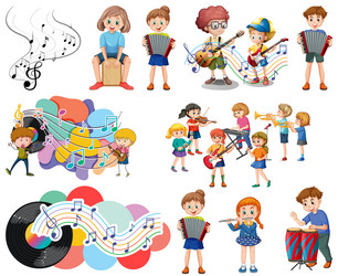 Kids musical instruments and music symbols set Vector Image