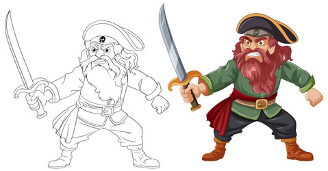Pirate cartoon coloring page with sword fight Vector Image