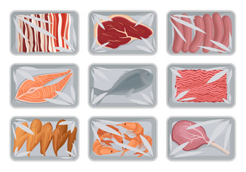 Fresh meat in packages set supermarket box Vector Image