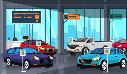 Car showroom with new modern cars automotive Vector Image
