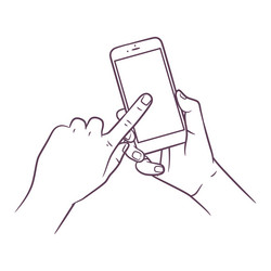 Line art drawing of hand holding smart phone Vector Image