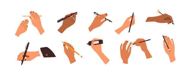 Human hands holding markers pens and pencils set Vector Image