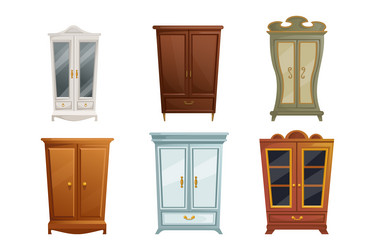 Cartoon cupboards set wooden wardrobe collection Vector Image