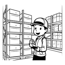Warehouse worker cartoon in black and white Vector Image