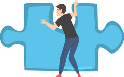 Back view man solving jigsaw puzzle Royalty Free Vector