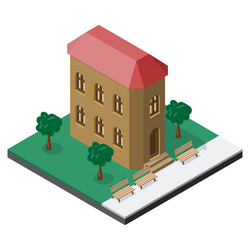 Two-story building with benches and trees Vector Image