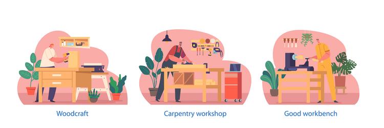 Skilled carpenter female character cutting wood Vector Image