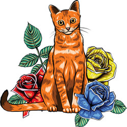 Cat and roses on colored background Royalty Free Vector