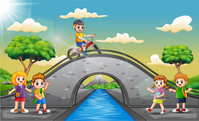 Happy children playing in bridge Royalty Free Vector Image