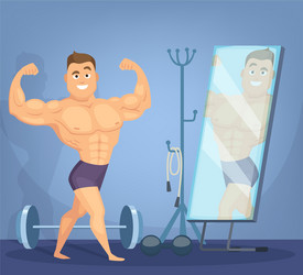 Cartoon muscle man bodybuilder stands and dreams Vector Image