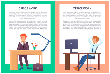 Office work poster man resting at workplace Vector Image