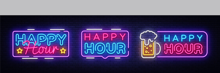 Happy hour neon banner design template Royalty Free Vector