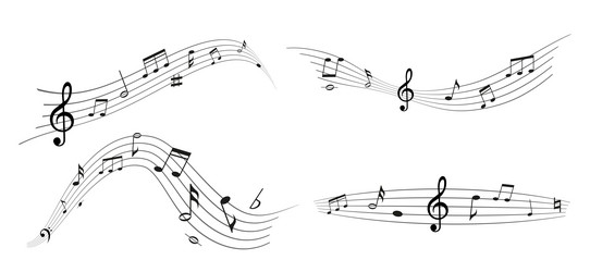 Music notes wave with 3d volume black notes Vector Image
