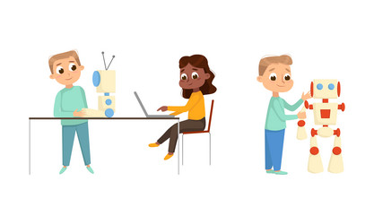 Cute little kids programming and creating smart Vector Image