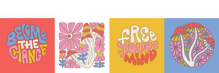 Groovy cards set with butterfly flower Royalty Free Vector