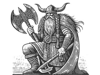 Viking warrior with battle axe engraving Vector Image