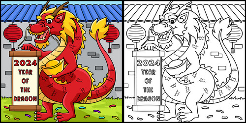 2024 year of the dragon coloring page Royalty Free Vector
