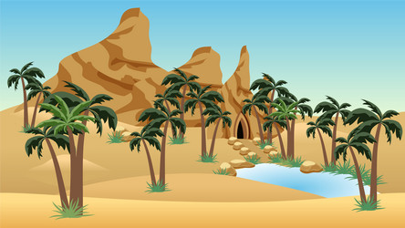 Cartoon oasis in sandy desert with pyramids Vector Image